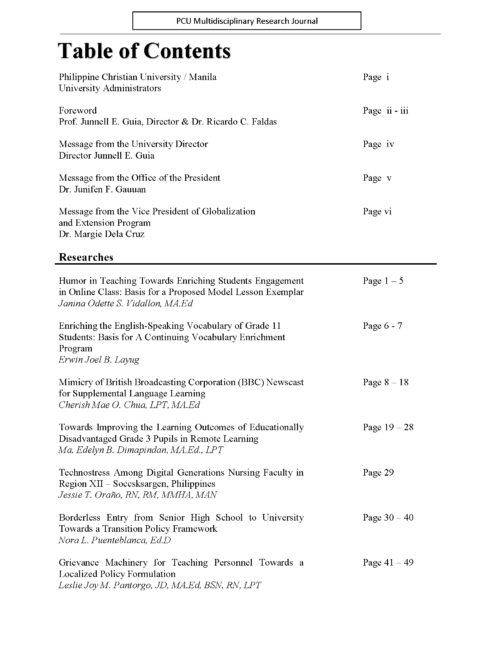 PCU Multidisciplinary Research Journal – PCU Manila