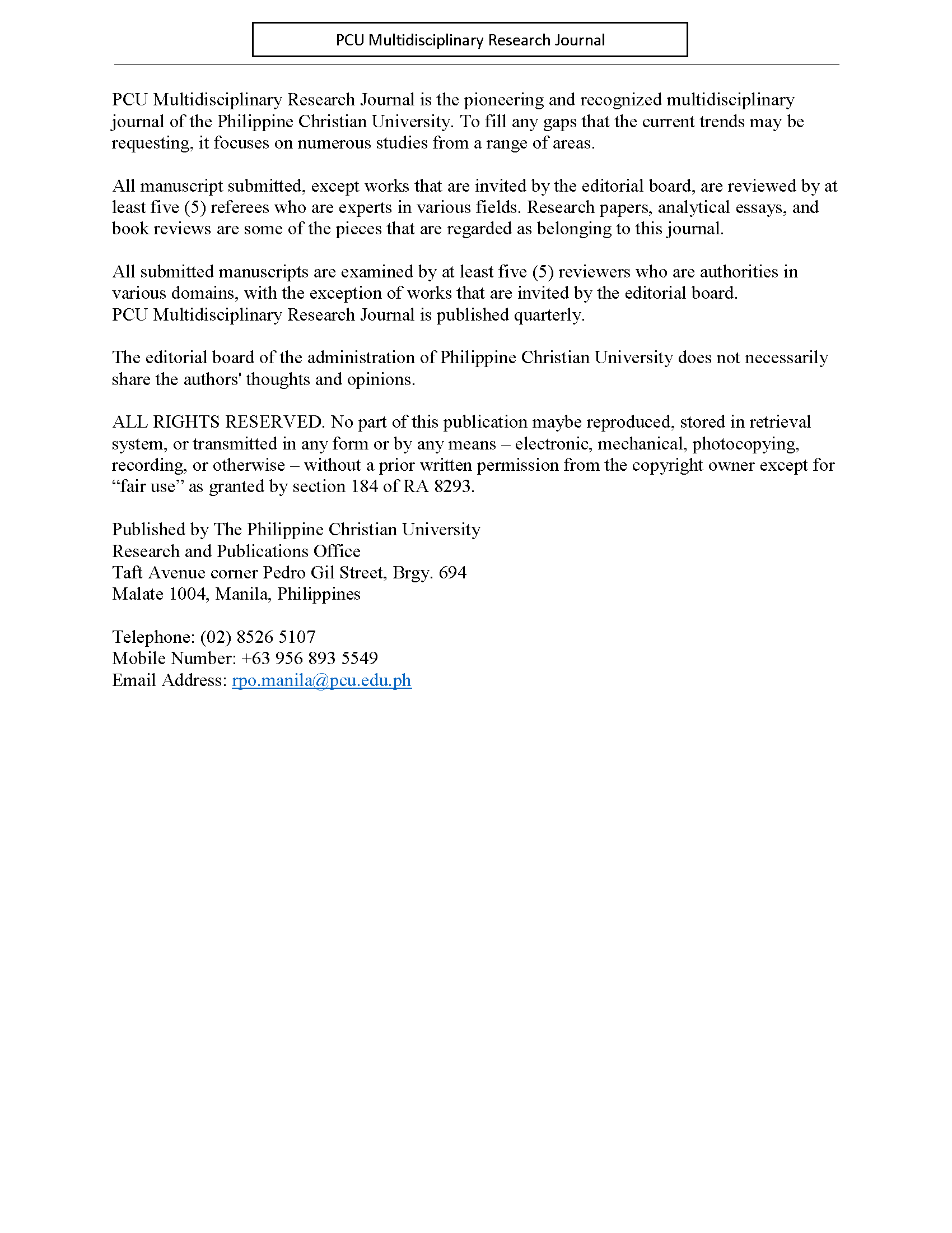 PCU Multidisciplinary Research Journal – PCU Manila