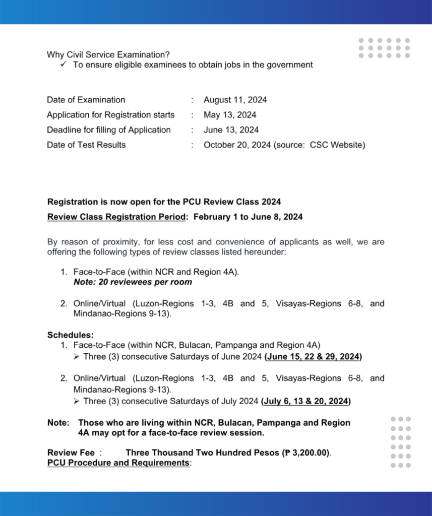 CIVIL SERVICE (APTITUDE TEST) REVIEW CLASS SCHEDULE 2024 – PCU Manila