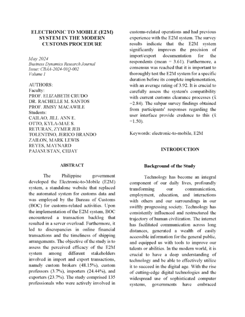 ELECTRONIC TO MOBILE (E2M)SYSTEM IN THE MODERN CUSTOMS PROCEDURE – PCU ...